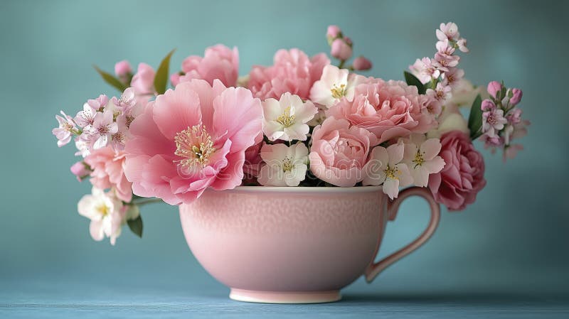 Pink Teacup Filled with Pastel Colored Flowers Creates Charming Display ...