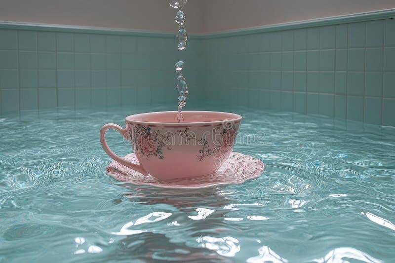 Pink Teacup Floating in Teal Water Stock Illustration - Illustration of ...