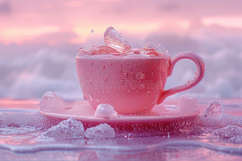 Pink Teacup on Ice, Dreamy Sunset Background Stock Illustration ...
