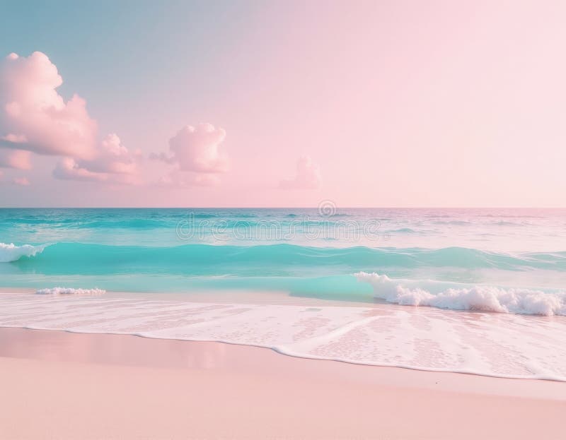 Pink and Teal Beach Sunset - Serene Ocean Wave Background Stock ...