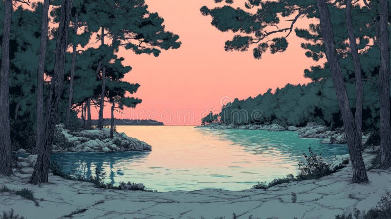Pink and Teal Sunset Over Calm Lake and Pine Trees Stock Illustration ...