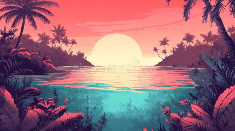 Pink and Teal Tropical Sunset Pixel Art Stock Illustration ...