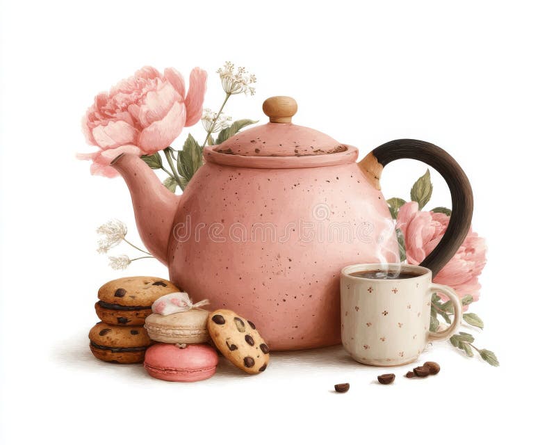 Pink Teapot with Coffee Cup and Pastries Stock Illustration ...