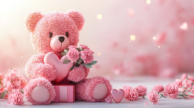 Pink Teddy Bear Holding a Pink Heart and Pink Roses. AI Generated Stock ...