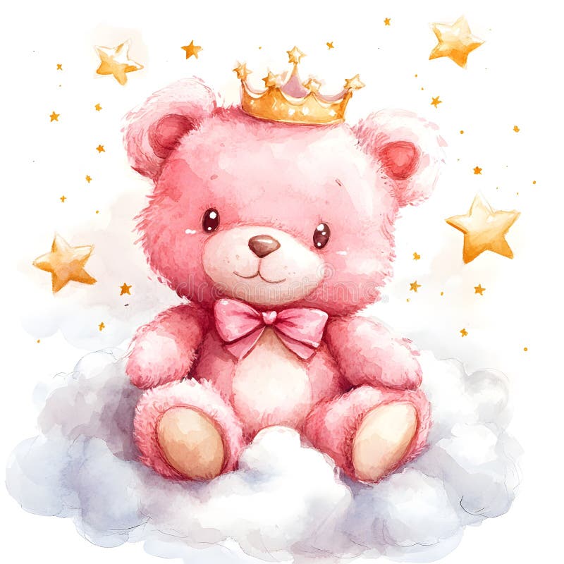 Pink Teddy Bear Wearing a Crown Sits on a Cloud Surrounded by Stars in ...
