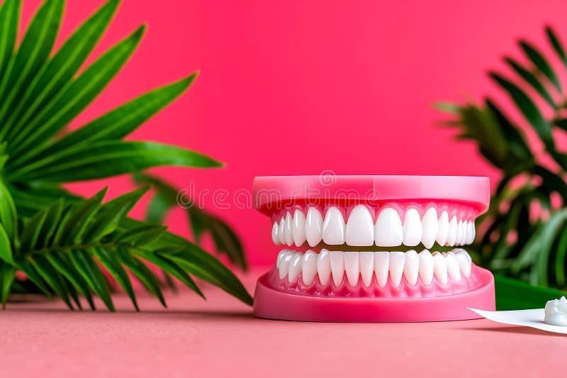 A Pink Teeth Model with a Green Plant in the Background Stock Photo ...