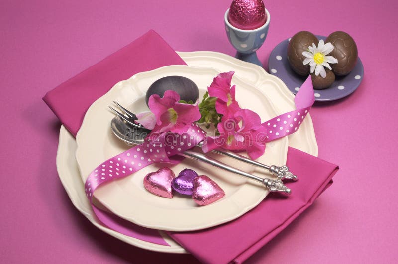 Pink Theme Happy Easter Dinner Table Setting Stock Photo - Image of ...
