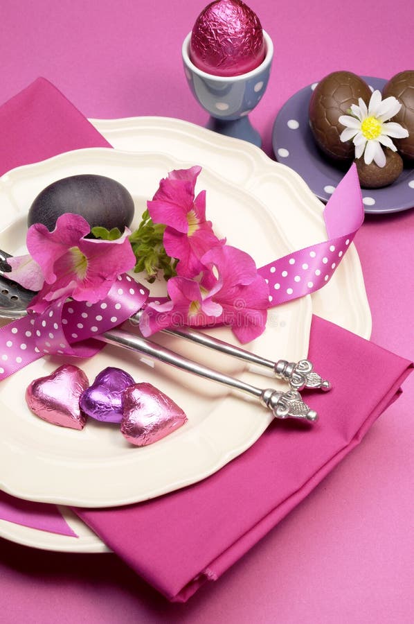 Pink Theme Happy Easter Dinner Table Setting - Vertical. Stock Image ...