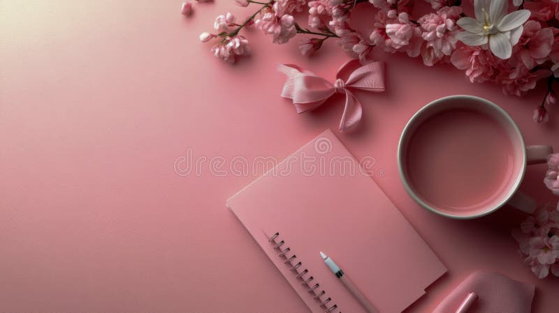 Pink Themed Cozy Workspace with Coffee, Flowers, and Notebook Stock ...