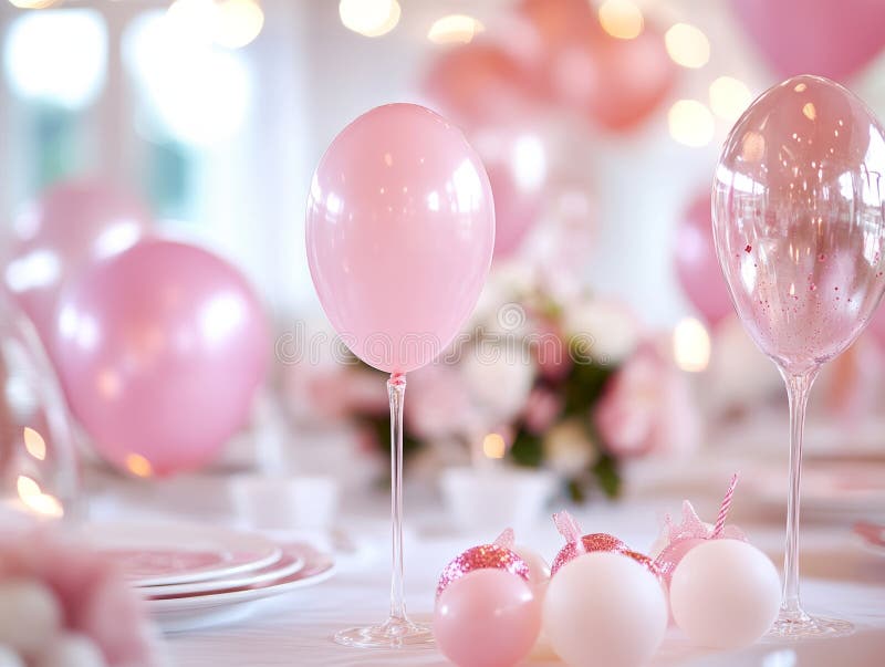 A Pink-themed Party Table Setting Featuring Balloons, Candles, and ...