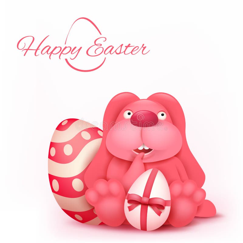 Pink Thoughtful Easter Bunny Character Sitting Near Decorated Egg Stock ...