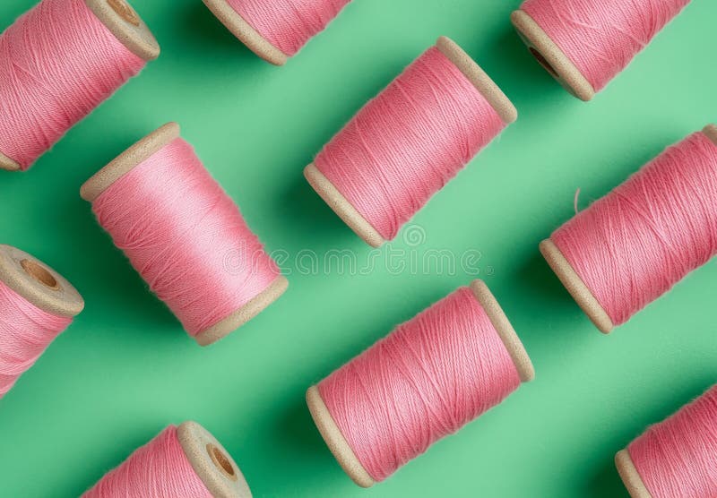 Pink Thread Spools are Arranged in a Flat Lay Design on a Green ...