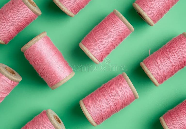 Pink Thread Spools are Arranged in a Flat Lay Design on a Green ...