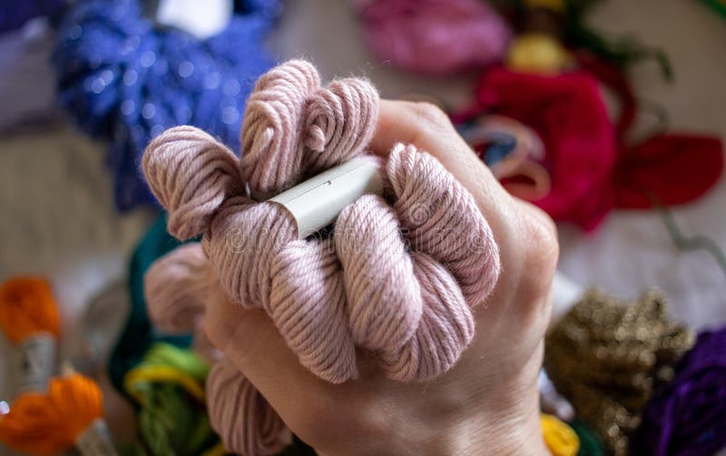 Pink Threads of Wool in Hand Stock Image - Image of object, handmade ...