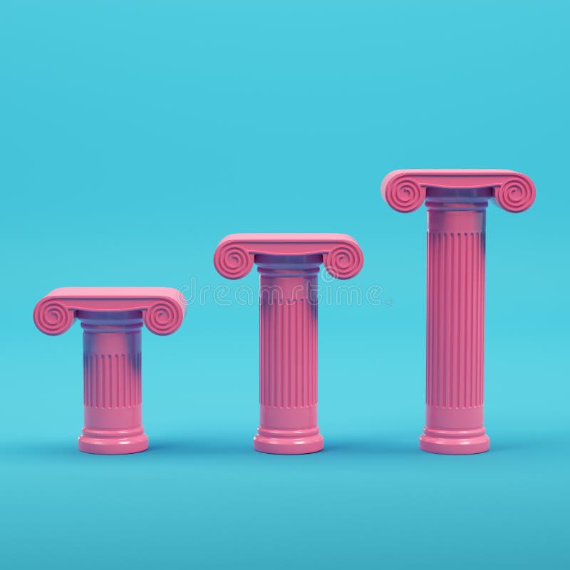 Pink Three Ancient Columns on Bright Blue Background in Pastel Colors ...