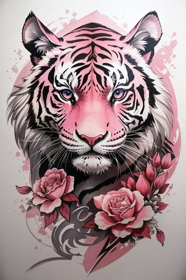 Pink Tiger Head with Rose Flowers Stock Illustration - Illustration of ...