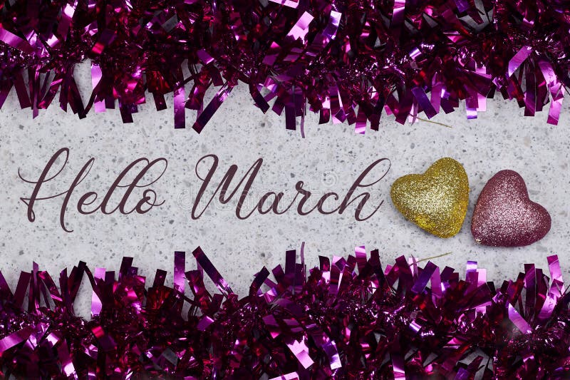 Pink Tinsel with Yellow and Pink Hearts with Hello March Concept Stock ...