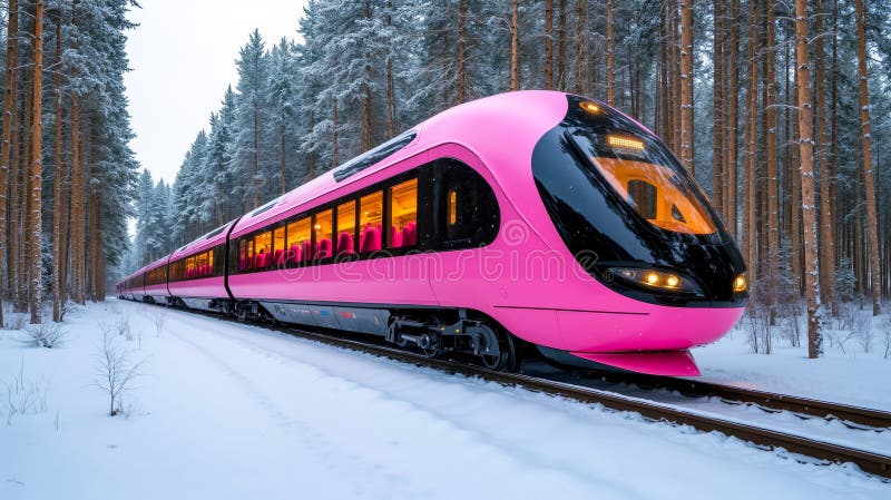 A Pink Train Traveling through a Snowy Forest Stock Photo - Image of ...