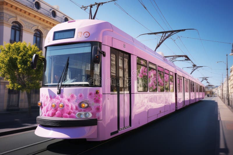 Pink Tram in the City. Generative AI Stock Illustration - Illustration ...