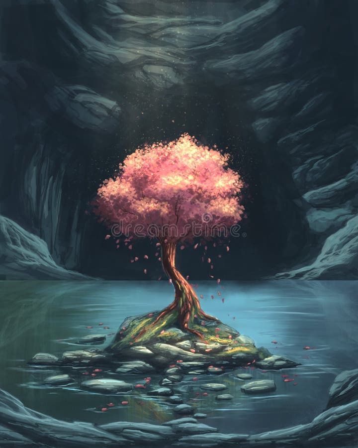 Pink tree in the cave stock illustration. Illustration of cave - 200864625