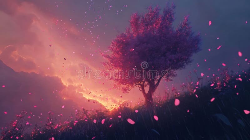 Pink Tree and Falling Petals at Sunset Landscape Stock Illustration ...