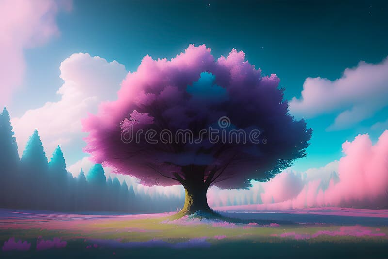 A Pink Tree in a Fantasy Landscape with Colorful Trees. Stock ...