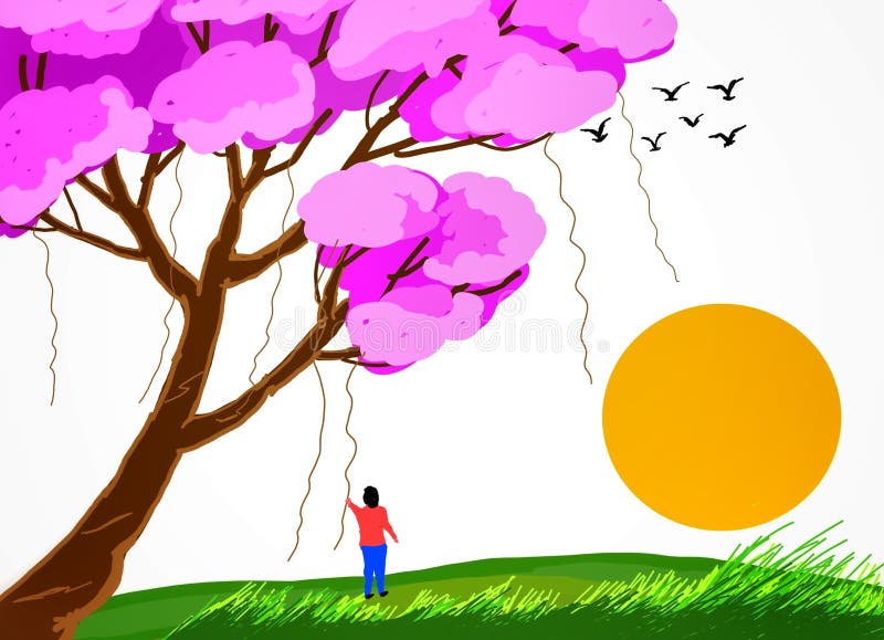 Pink Tree with Flowers, and Sun, on Landscapes Background. Stock ...