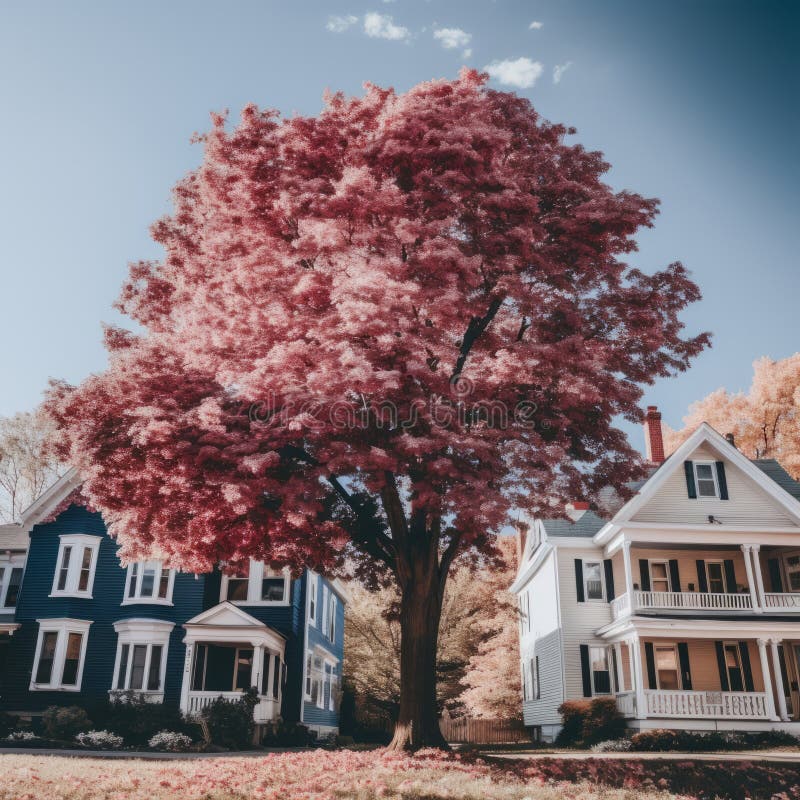 Pink Tree in Front of a Blue House Stock Illustration - Illustration of ...