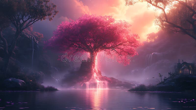 Pink Tree of Life Glowing at Sunset by a Lake with Waterfalls Stock ...