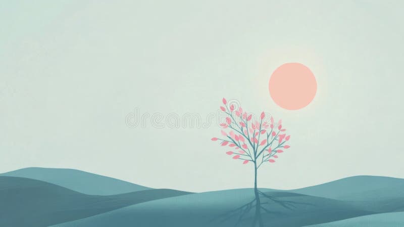 Pink Tree Minimalist Landscape at Sunset Stock Illustration ...