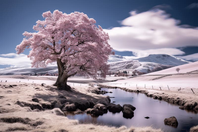 Pink Tree by the River in Scotland Stock Illustration - Illustration of ...