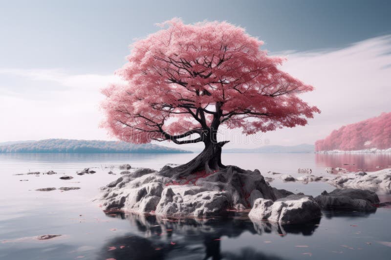 Pink Tree on Rocks in the Middle of a Lake Stock Illustration ...
