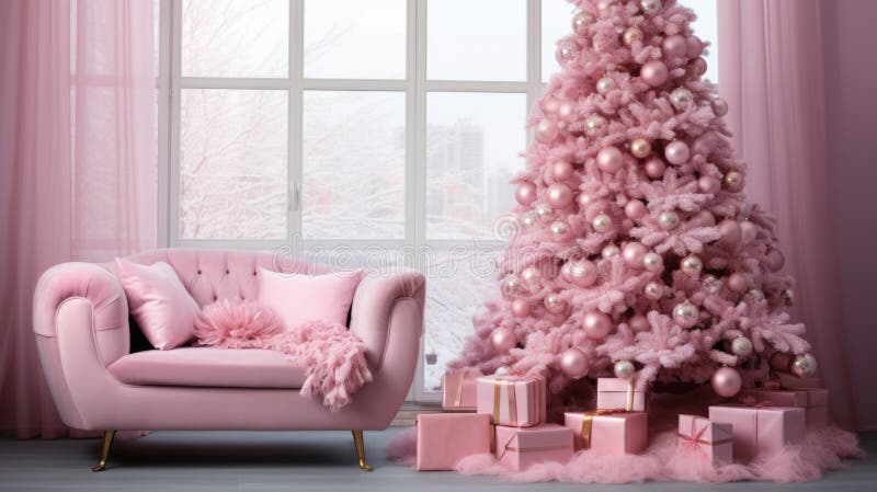Pink Tree Standing Amidst Holiday Joy in a Festive Indoor Setting Stock ...
