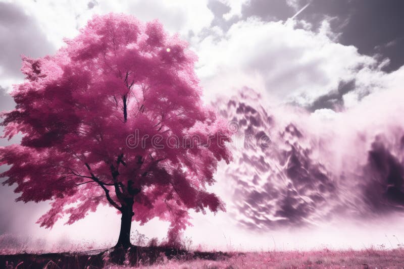 A Pink Tree Stands in Front of a Cloudy Sky Stock Illustration ...