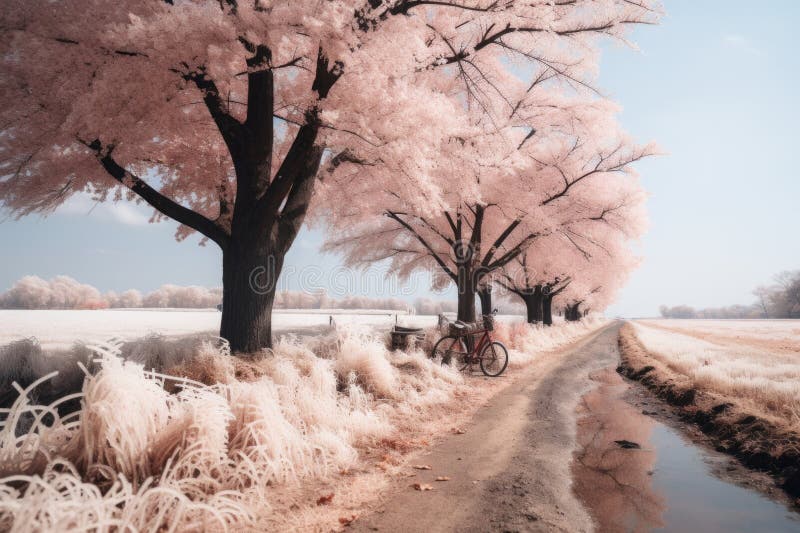 Pink Trees Line the Road in a Rural Area Stock Illustration ...