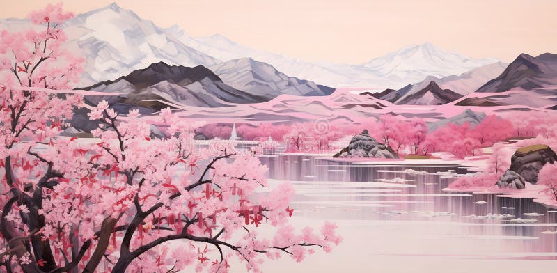 Pink Trees and Mountains Painting Stock Photo - Image of foreground ...