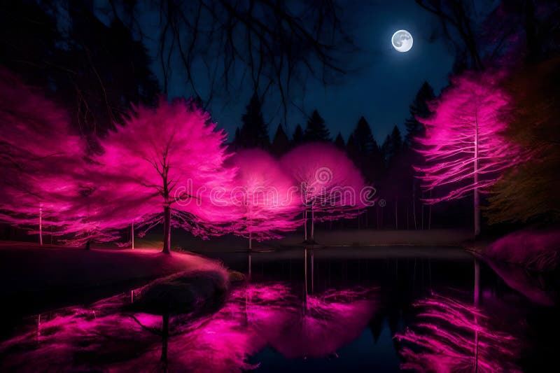 Pink trees under full moon stock illustration. Illustration of pink ...