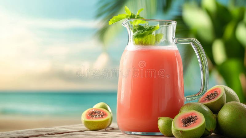 Pink Tropical Fruit Juice on Beach Table Stock Illustration ...