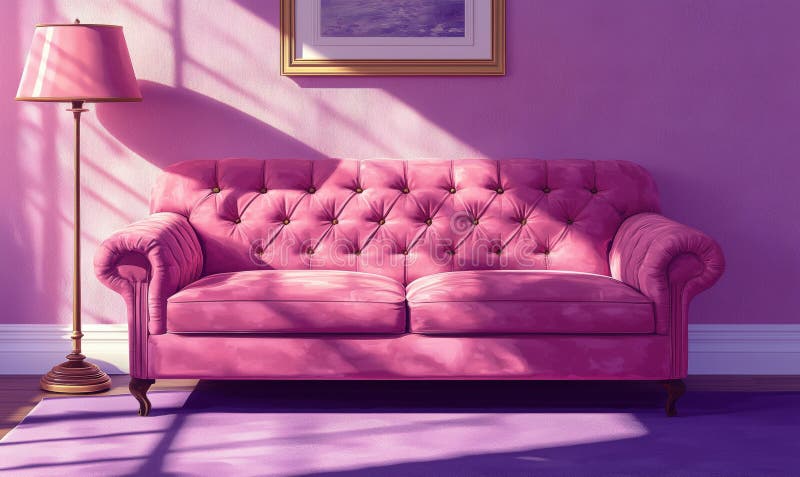 Pink Tufted Sofa in Stylish Interior with Lamp and Purple Rug Stock ...