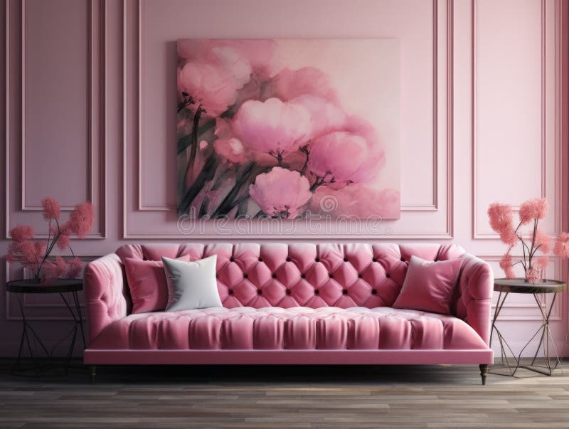 Pink Tufted Velvet Sofa and Frame on the Wall. Interior Design of ...