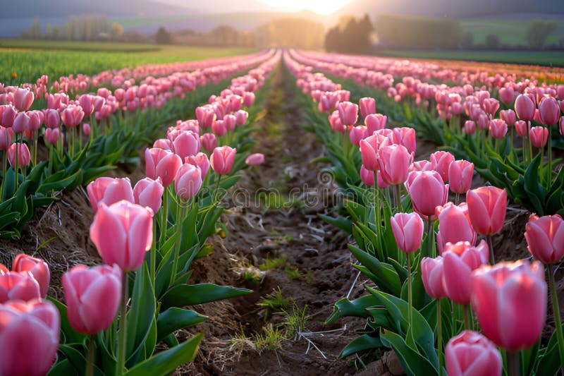 Pink Tulip Field during Spring on the Sunset Stock Illustration ...