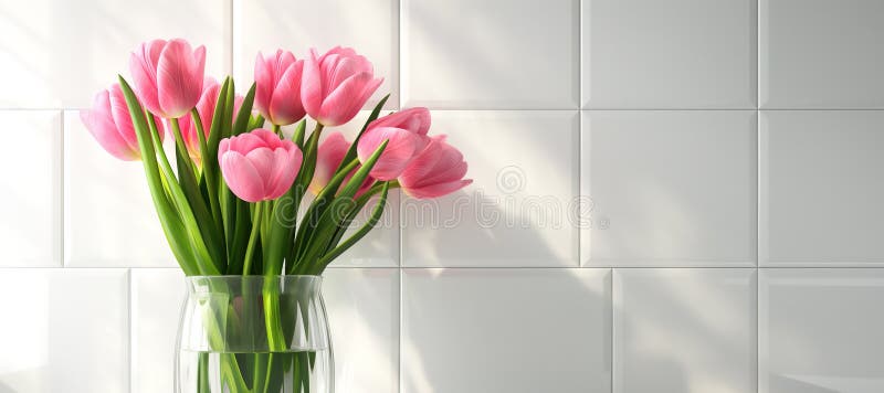 Pink Tulip Flower Plant Stalk on Tile Wall Background Stock ...