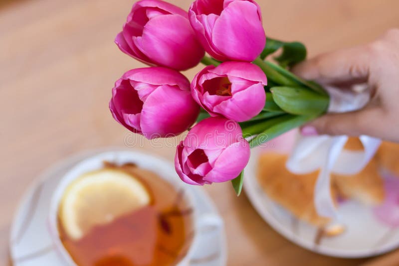 Pink Tulips on the Background of the Breakfast Tray Stock Photo - Image ...