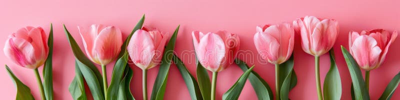 Pink Tulips on Pink Background. Flat Lay, Top View. Banner Stock ...