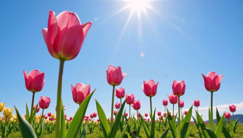 Pink Tulips Beneath a Clear Blue Sky Against a Backdrop of Lively ...