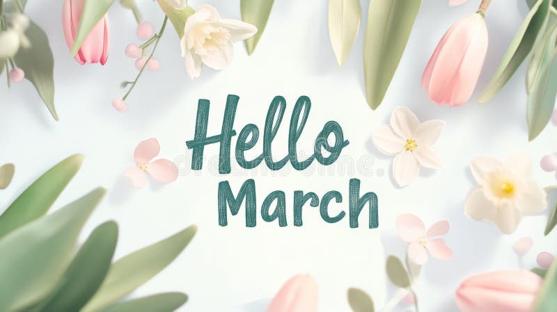 Pink Tulips and Bokeh Light Background with Hello March Text for Spring ...