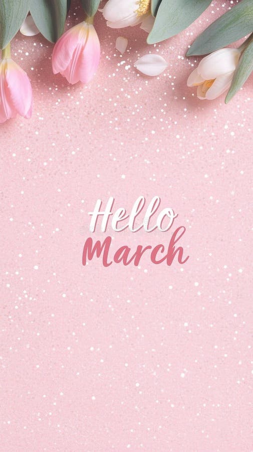 Pink Tulips and Bokeh Light Background with Hello March Text for Spring ...