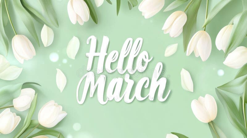 Pink Tulips and Bokeh Light Background with Hello March Text for Spring ...