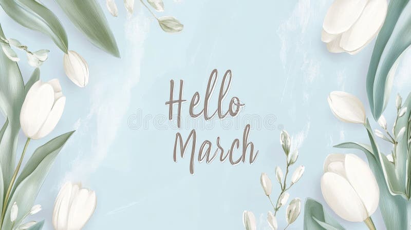Pink Tulips and Bokeh Light Background with Hello March Text for Spring ...