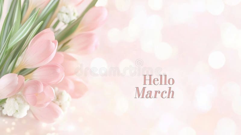 Pink Tulips and Bokeh Light Background with Hello March Text for Spring ...